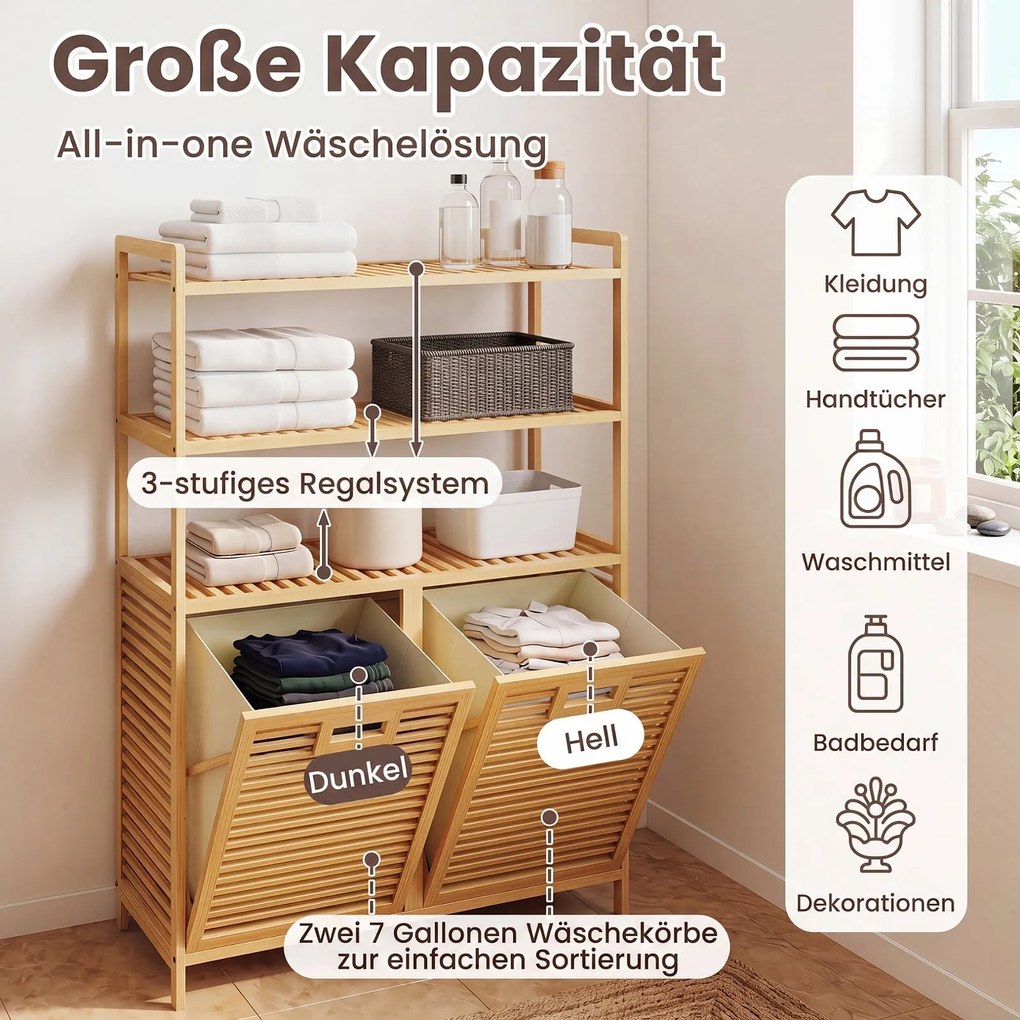 Costway Bambusový koš na prádlo s 2 přihrádkami a úložným prostorem 3 patra