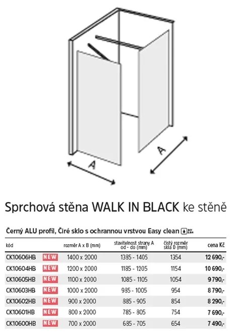 Mereo Sprchová stěna WALK IN, Novea, black ALU, sklo Čiré Sprchová stěna WALK IN, Novea, 80 x 200 cm, Black ALU, sklo Čiré Varianta: Sprchová stěna W…