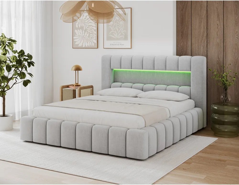 Světle šedá čalouněná dvoulůžková postel s úložným prostorem s roštem 160x200 cm Lamica – ELTAP