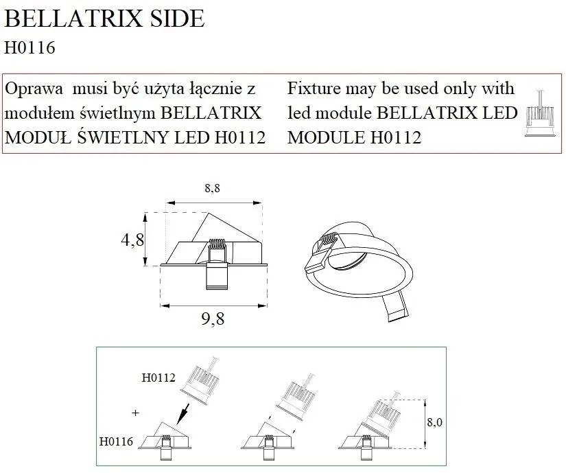 Maxlight H0116 BELLATRIX Zápustné vestavné svítidlo šikmé, černé, bez LED modulu H0112