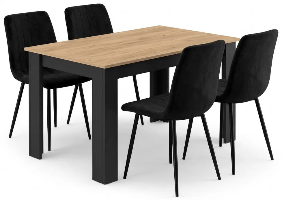 Jídelní set 1 + 4, stůl MADO 120x80 cm černá/dub artisan + černá sametová židle LAVA s černými nohami
