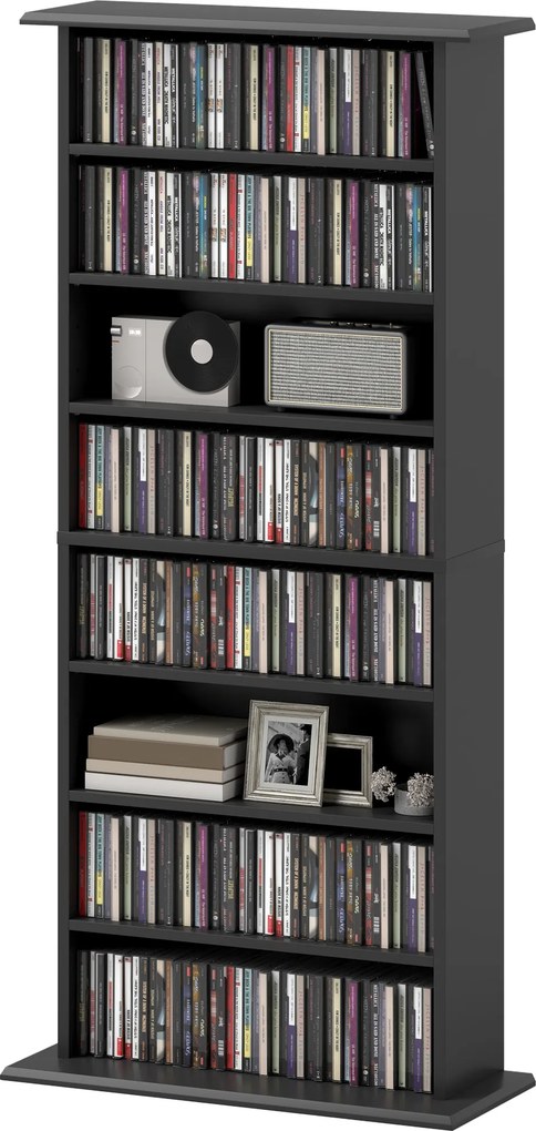 HOMCOM Knihovna s 8 policemi pro 360 CD s moderním designem, CD regál z dřevotřísky, 58x24x124,5 cm, černá