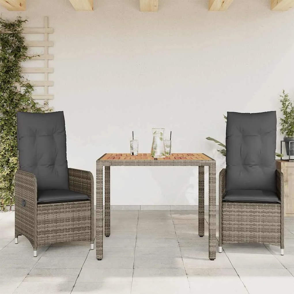 3dílný zahradní bistro set s poduškami šedý polyratan 3277019