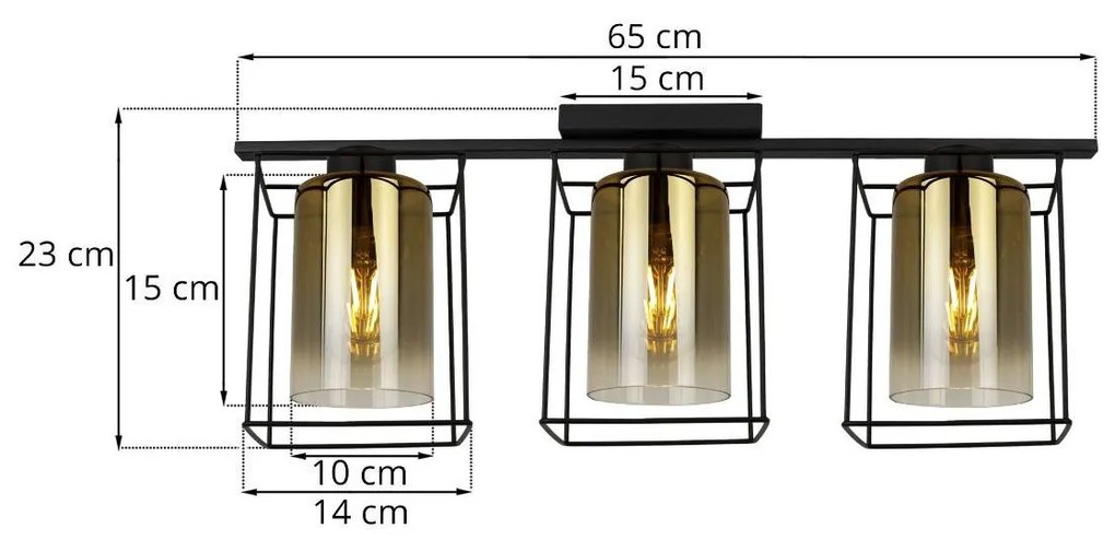 Stropní svítidlo HELLA CAGE, 3x zlaté skleněné stínítko v kovovém rámu