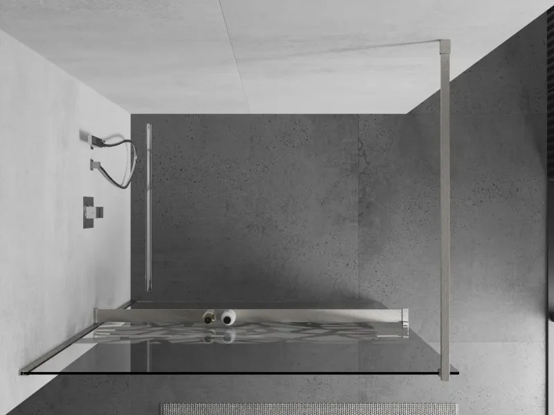 Mexen Kioto+, sprchová zástěna Walk-In s poličkou a věšákem 120 x 200 cm, 8mm čiré sklo bílý vzor, broušená ocel profil, 800-120-121-97-85