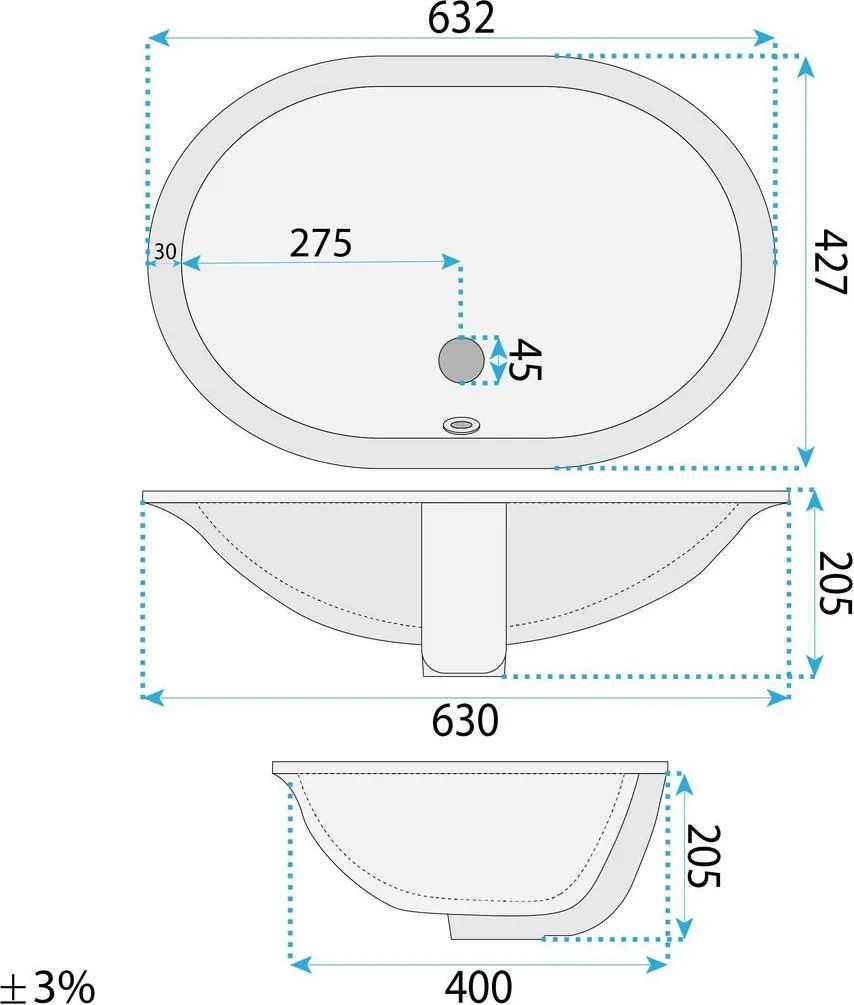 Rea Vena, oválné umyvadlo pod desku, 63,5 × 42,7 cm, bílá lesklá, REA-U3589