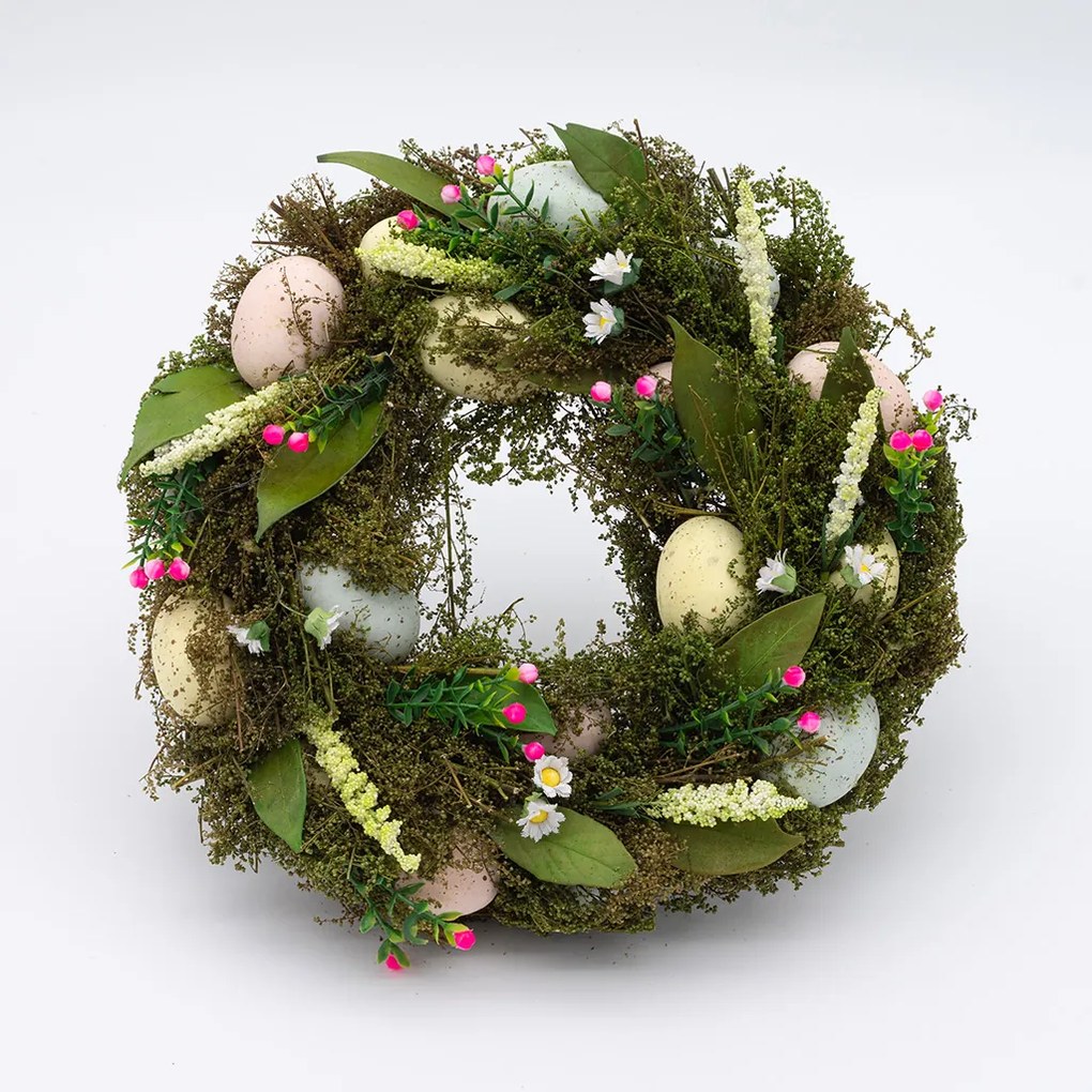 Velikonoční věnec na dveře, 30 × 30 × 8 cm, traviny a vajíčka, venkovní