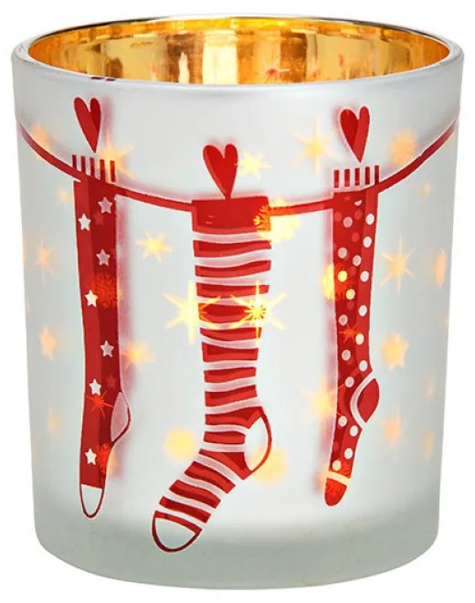 Skleněný svícen CHRISTMAS STOCKING 10 cm bílý