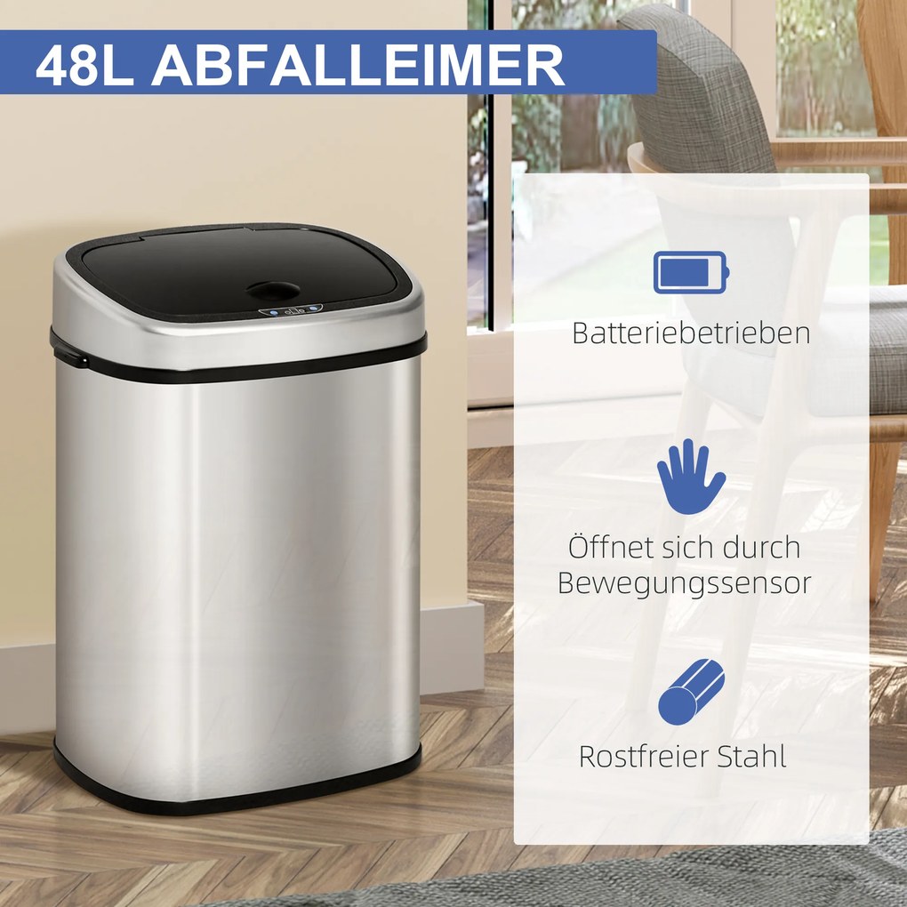 Odpadkový koš HOMCOM 48 l, kuchyňský odpadkový koš s infračerveným senzorem, hygienický, nerezová ocel ve stříbrné barvě, D40,5xŠ29,5xV68 cm pro snad…