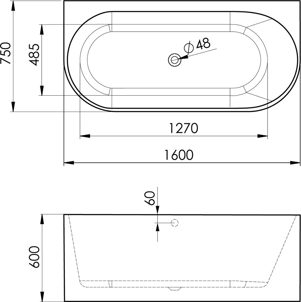 Polysan ASTRA DR MONOLITH asymetrická vana 160 x 75 x 60 cm pravá akrylát bílá/černá 34611MDRB