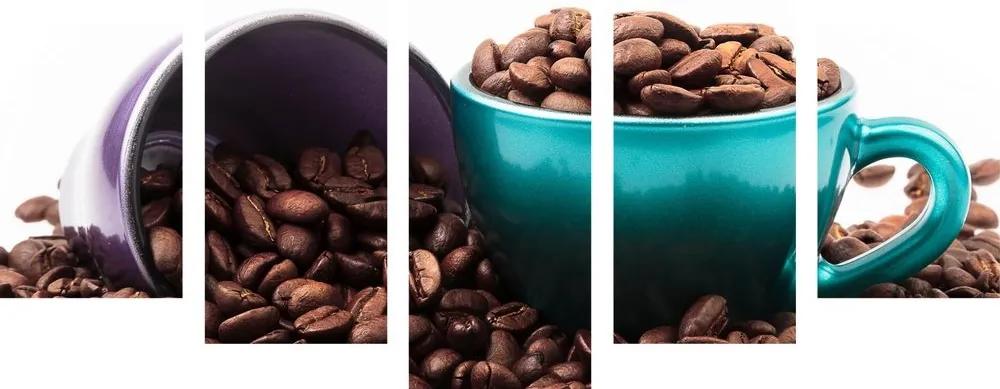 5-dílný obraz šálky s kávovými zrnky - 200x100 cm