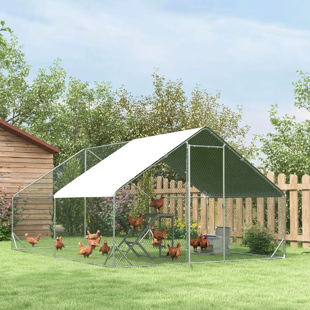 PawHut XXL kurník pro slepice s volným výběhem Drůbežárna se stínící střechou se zámkem pro 8-12 slepic Kachna Králík Ocel 3 x 4 x 2 m