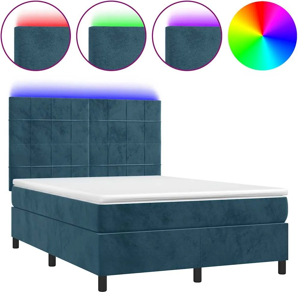 Box spring postel s matrací a LED tmavě modrá 140x200 cm samet 3136129