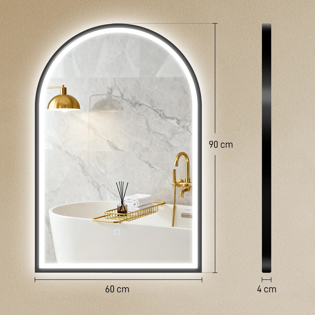 HOMCOM LED koupelnové zrcadlo 60 x 90 cm s osvětlením, přední a zadní osvětlení, paměťová funkce, dotykový spínač, černé