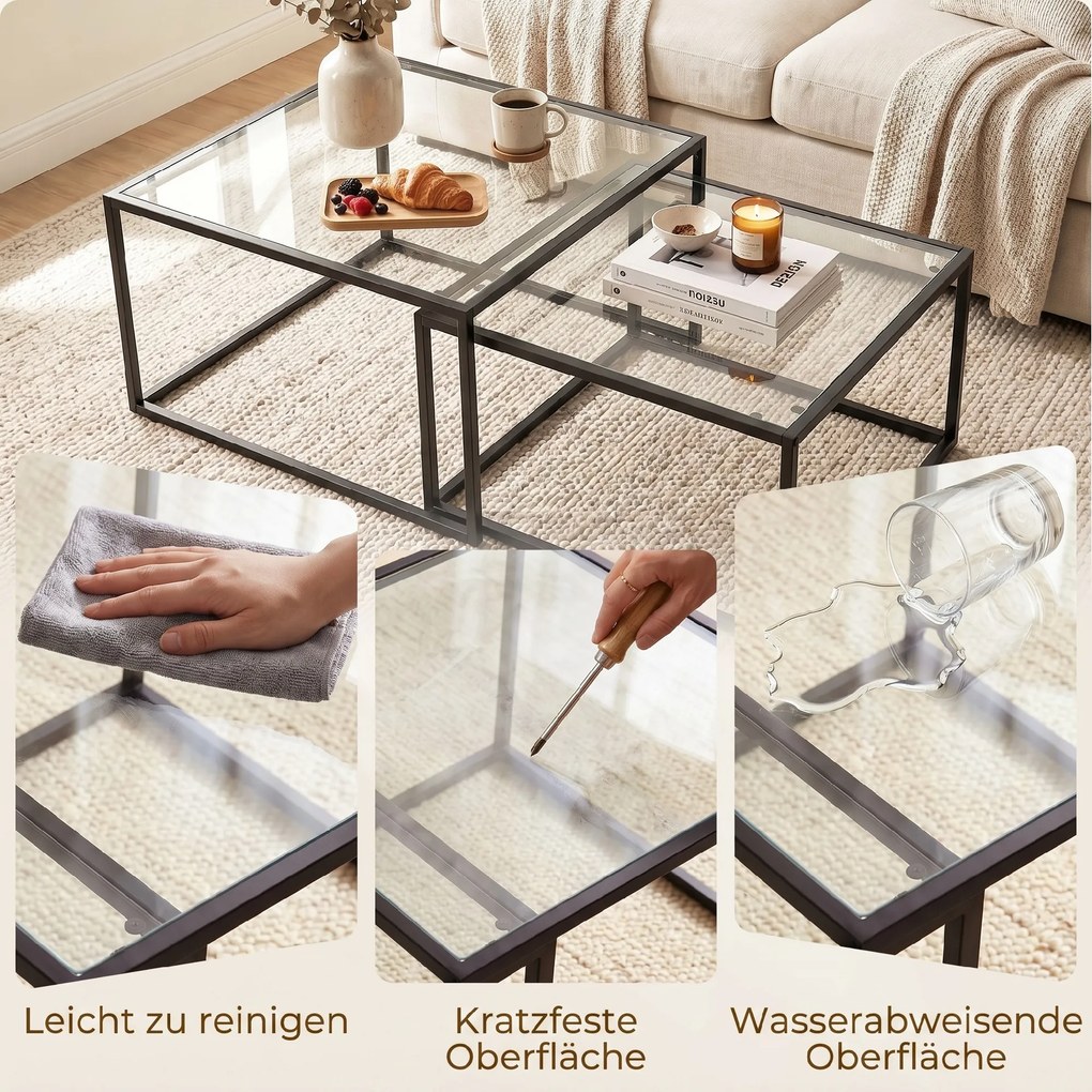 HOMCOM 2dílné čtvercové skládané konferenční stolky s tvrzeným sklem a kovovým rámem, černé — velký 75 x 42 cm; malý 65 x 36 cm