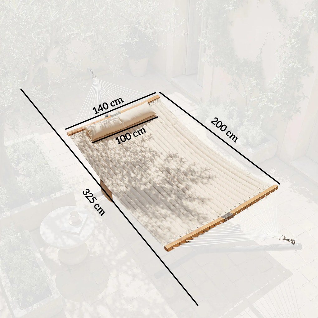 Houpací síť Outdoor 200x140 cm, dvouvrstvá houpací síť s kapsou na zásobník na hlavu, dřevěné tyče do 200 kg