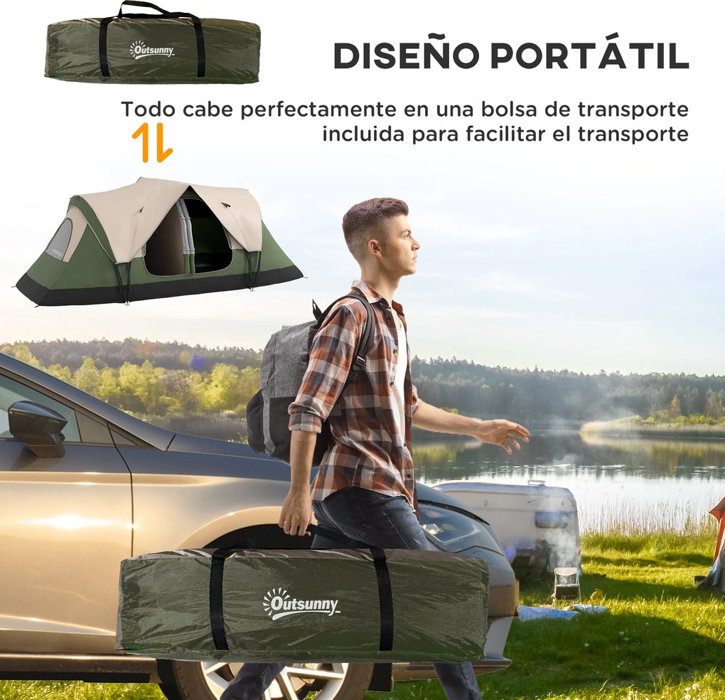 Outsunny Rodinný Stan pro Kempování pro 6-8 Osob Skládací Kempingový Stan s 2 Místnostmi a Vodotěsnou Taškou pro Turistiku 450x215x180 cm Olivově Zel…