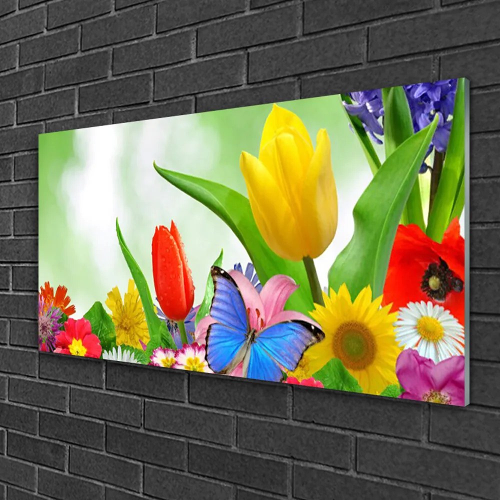Obraz na skle Motýl Květiny Příroda 120x60 cm