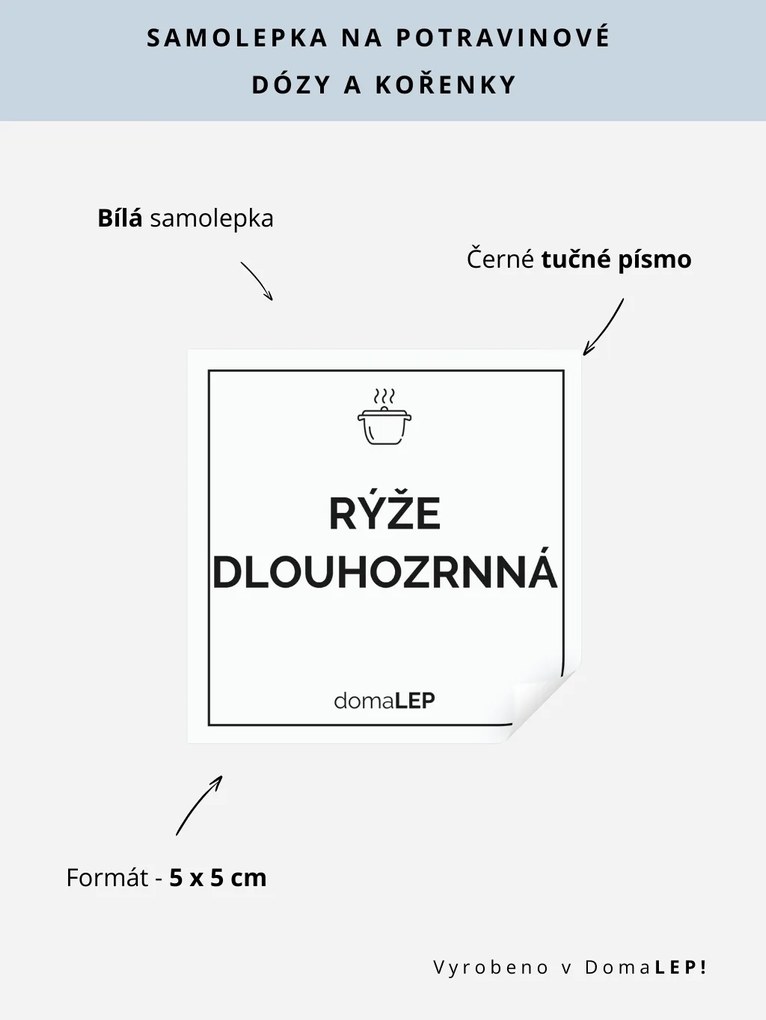 RÝŽE DLOUHOZRNNÁ– bílá samolepka na dózu, tučné písmo, 5 x 5 cm | DomaLEP