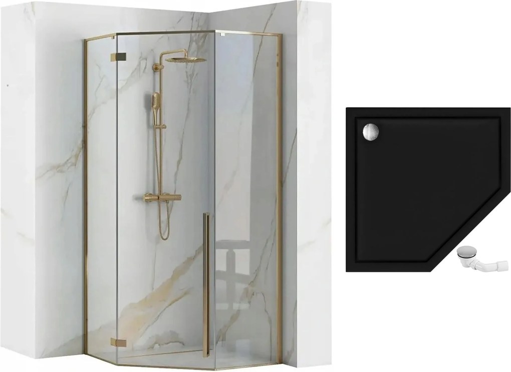 Rea - DIAMOND GOLD pětiúhelníkový sprchový kout 90 x 90 cm, zlatý, čiré sklo, REA-K4904
