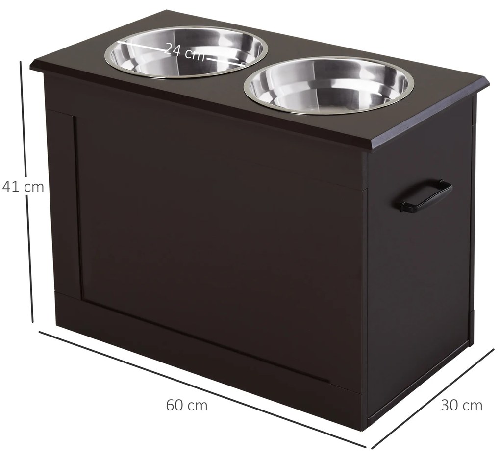 PawHut miska na krmivo pro psy s úložným prostorem 2 misky krmící stanice nerezová miska pro kočky MDF nerezová ocel Espresso 60 x 30 x 41 cm