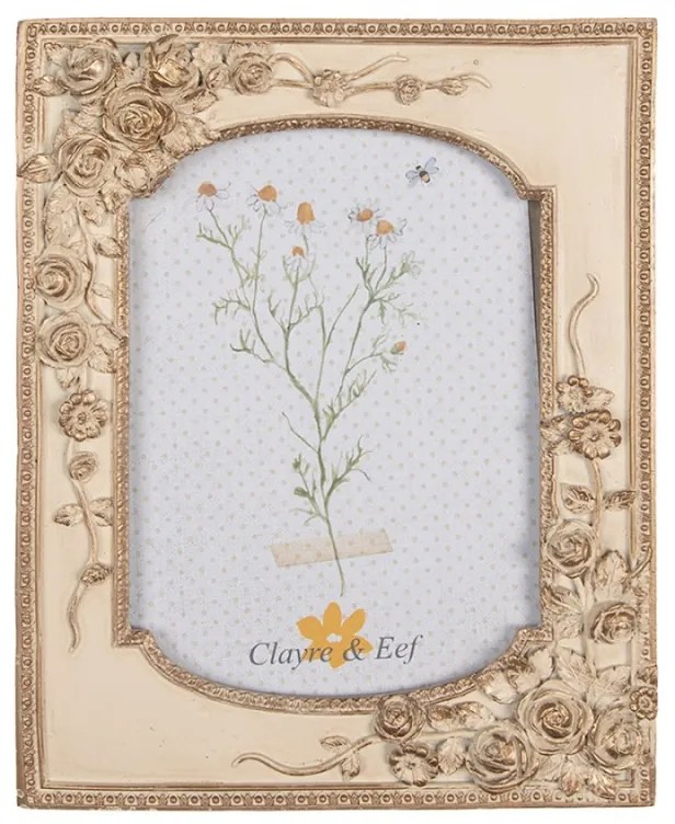 Béžovo zlatý fotorámeček Caroline s plastickou aplikací ve tvaru růže – 13x18 cm