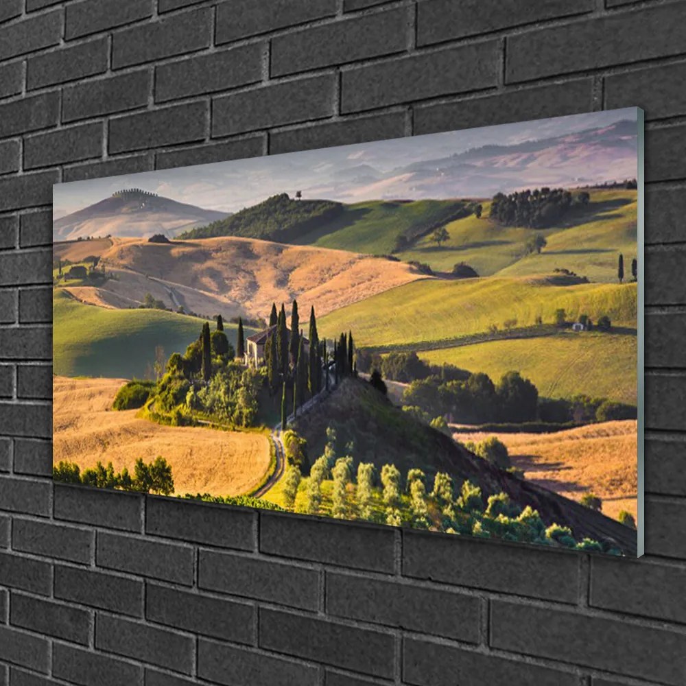Obraz na skle Krajina Vrchoviny Louky Domek 120x60 cm