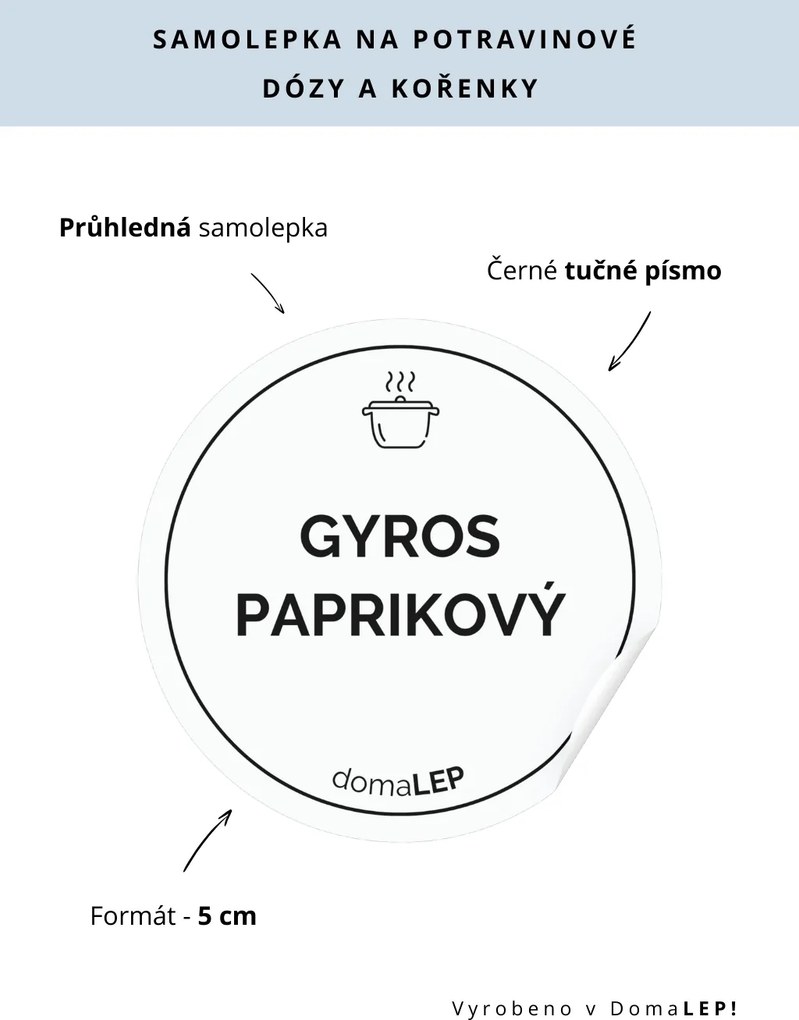 Samolepka na kořenky GYROS PAPRIKOVÝ průhledná 5 cm tučné písmo