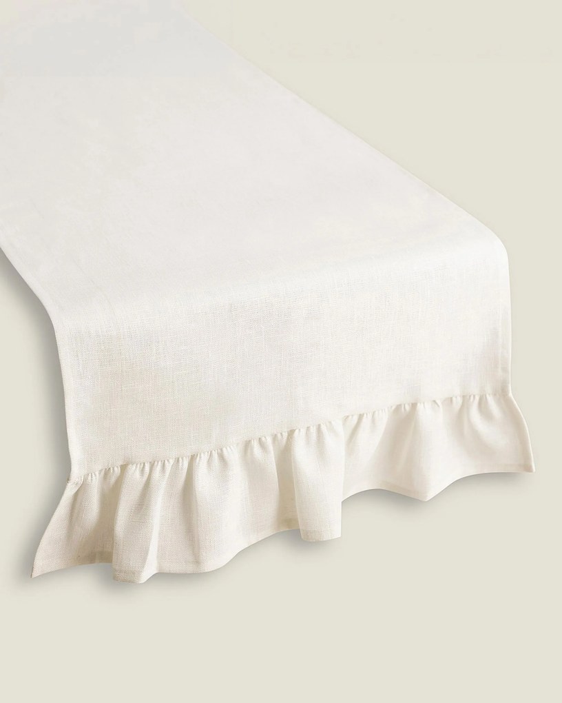 Běhoun s volánem 40x160 cm barva bílá látka poloprůhledná, pletený vzor