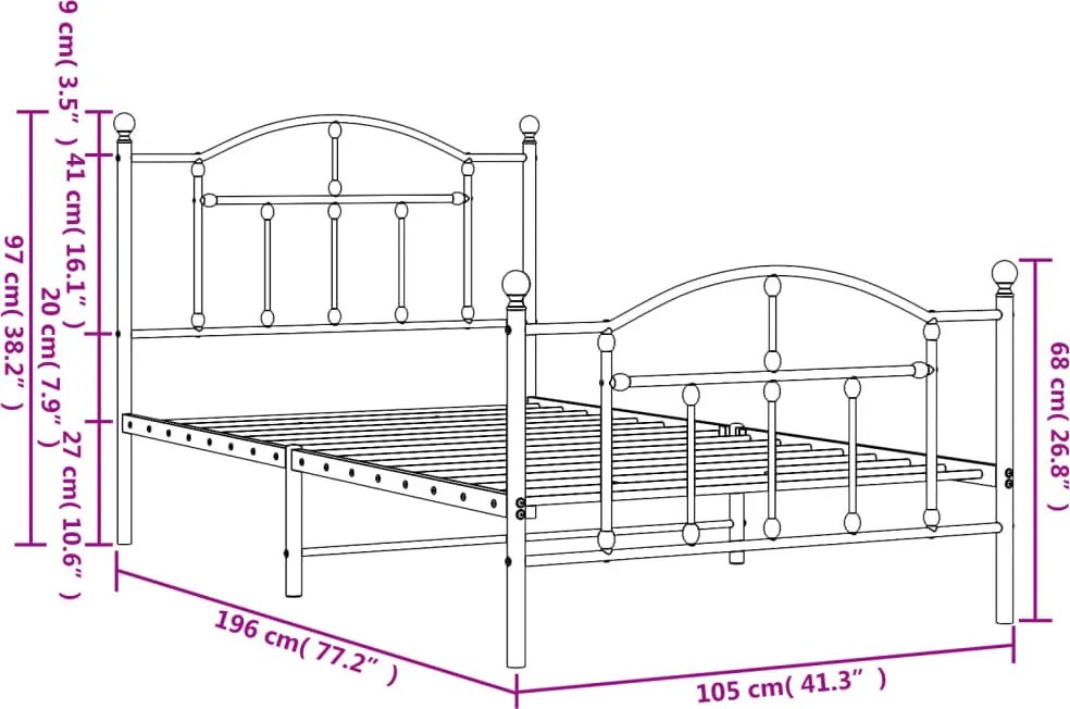 vidaXL Kovový rám postele s hlavovým a nožním čelem 100 x 190 cm [353500] Barva: Černá
