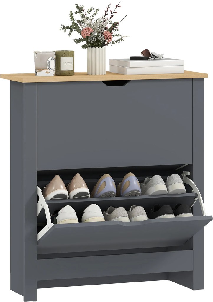 HOMCOM Botník se 2 sklápěcími přihrádkami, nastavitelná přepážka pro 8-12 párů bot, 72 x 26 x 80 cm, tmavě šedý