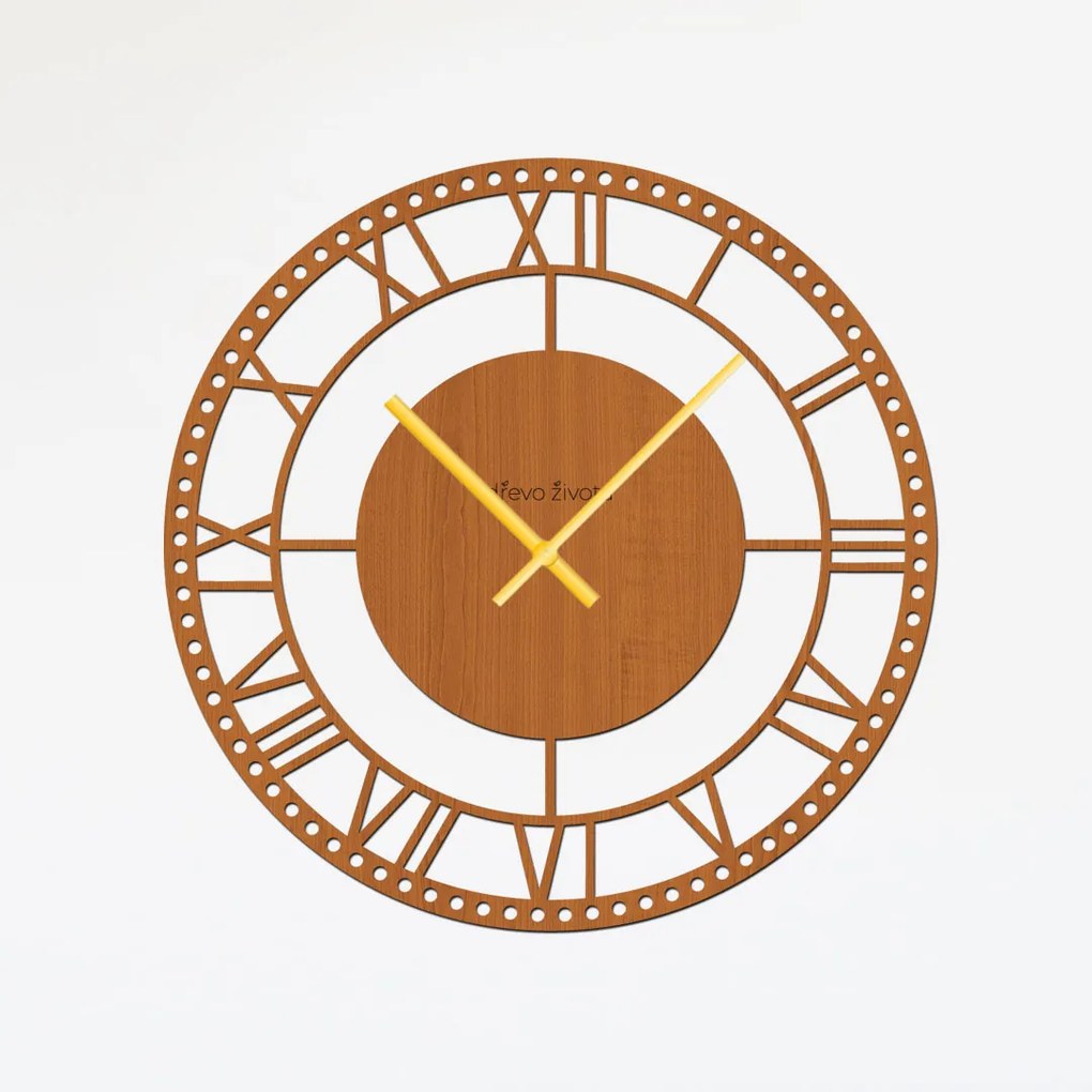 dřevo života Nástěnné dřevěné hodiny BIG BANG Zvolte barvu dekoru: Třešeň, Zvolte velikost hodin (cm): 50x50, Barva ručiček: Zlaté