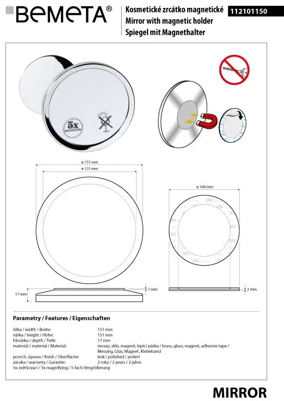 Bemeta Design Kosmetické zrcátko, ø 151 mm, samolepicí -