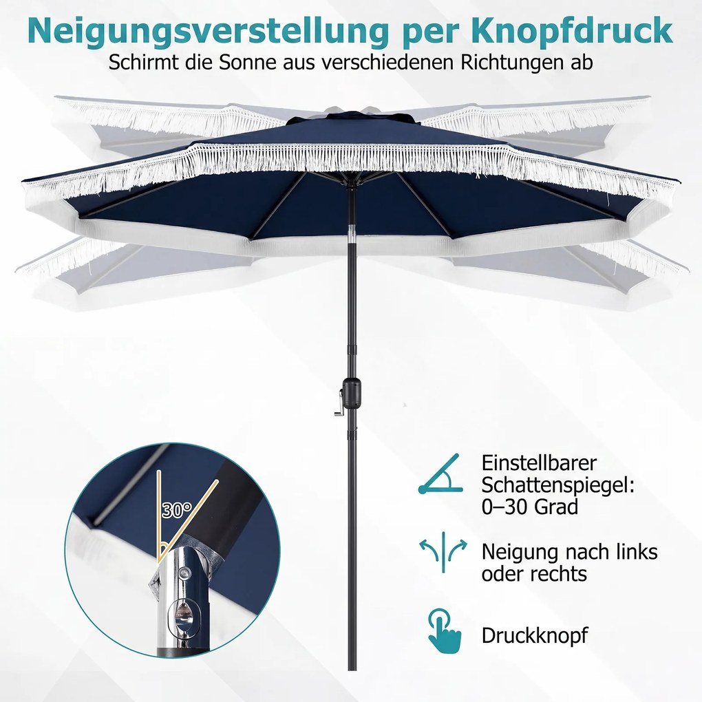 Costway Slunečník 270 cm s funkcí klikání a naklápění s 8 kovovými žebry, modrý