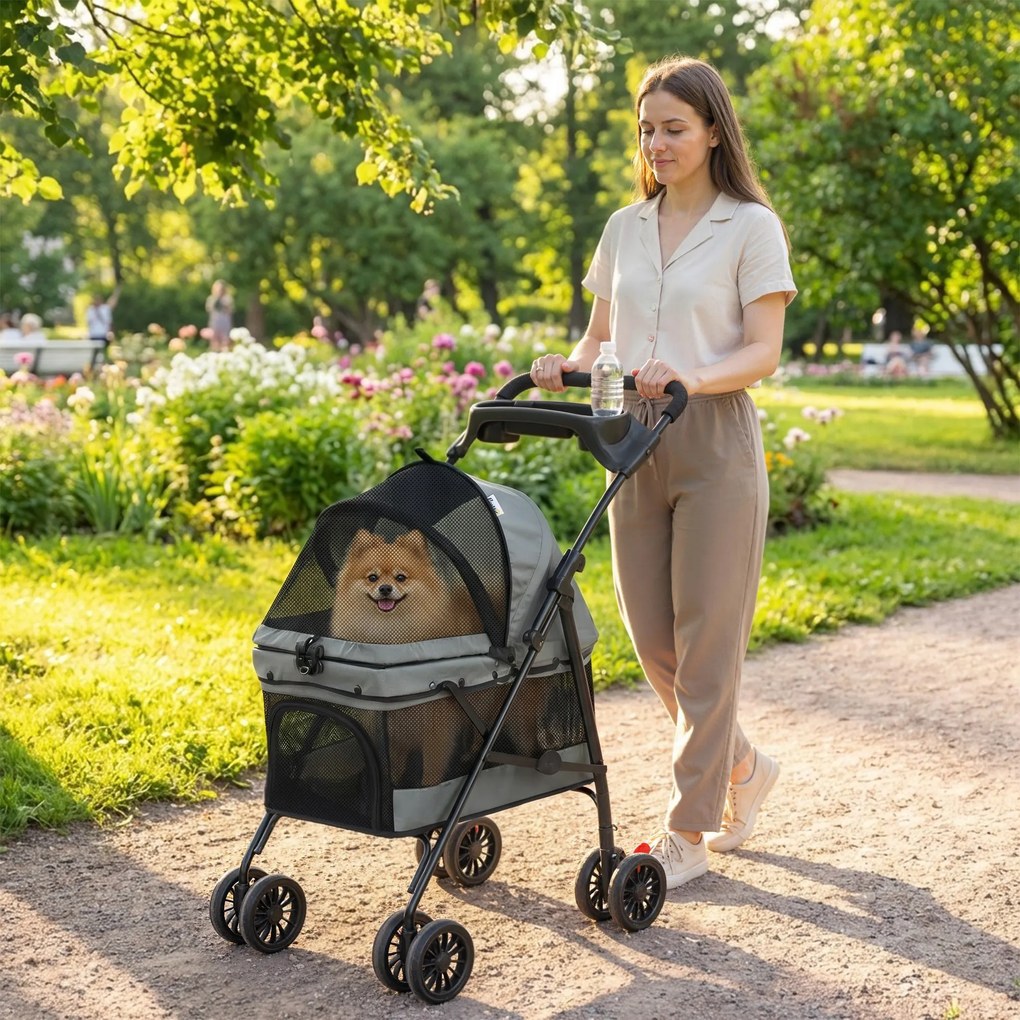 Skládací kočárek pro malé psy a kočky PawHut, do 10 kg, lehký čtyřkolový s otočnými koly a brzdami, prodyšná síťovina, pratelná vložka, tácek a držák…