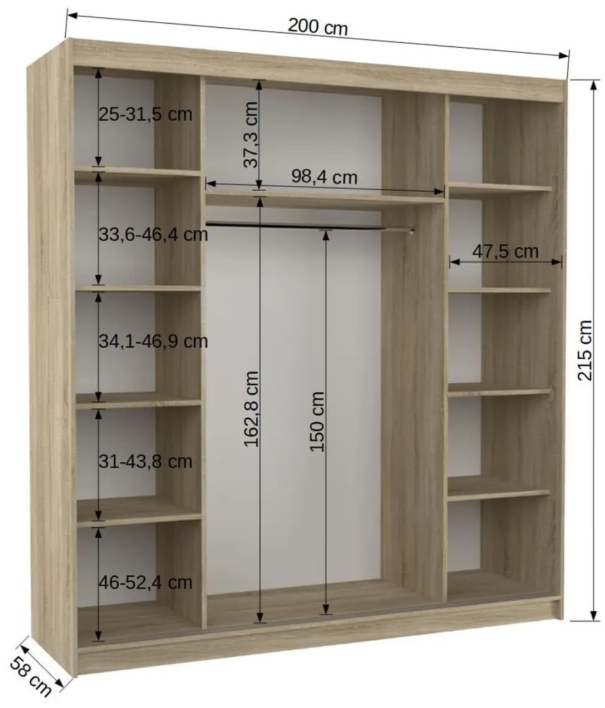 Šatní skříň s posuvnými dveřmi Olivier - 200 cm Barva: Bílá/dub Sonoma