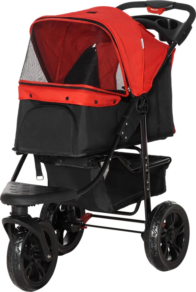 Skládací kočárek pro psy PawHut s 3 koly, síťovanými okny, košíkem a bezpečnostními popruhy, nosnost 25 kg, rozměry 109,5x57,5x106,5 cm, červený | Aos