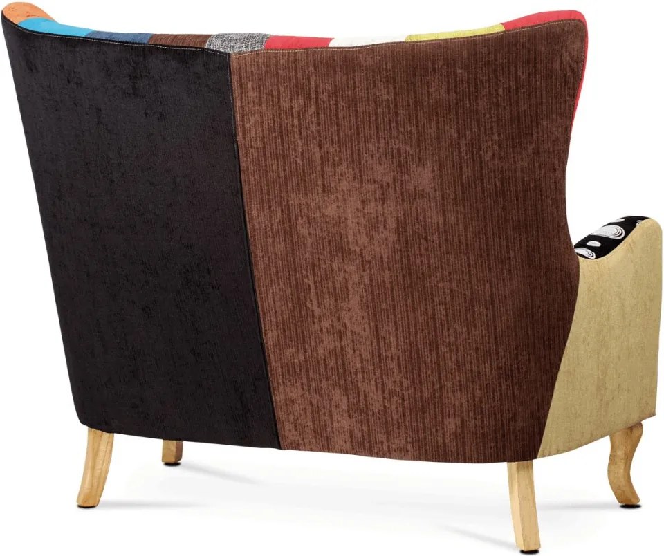 Dvojsedačka, potah látka patchwork, dřevěné nohy, masiv kaučukovník patchwork