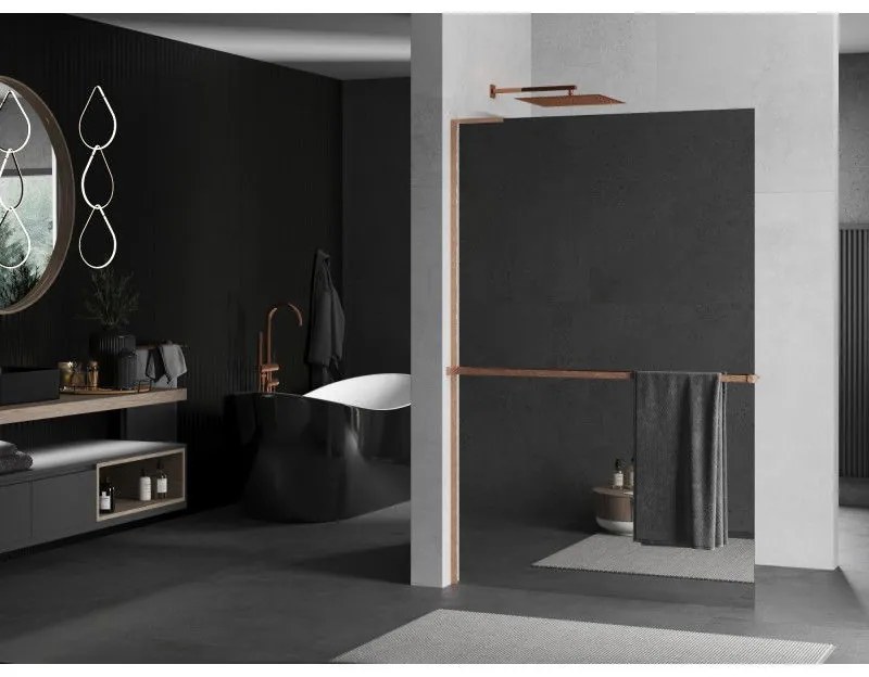 Mexen Kioto+ L, sprchová zástěna Walk-In s poličkou a věšákem 80 x 200 cm, 8mm sklo vzor zrcadlo, měděný matný profil, 800-080-123-65-50