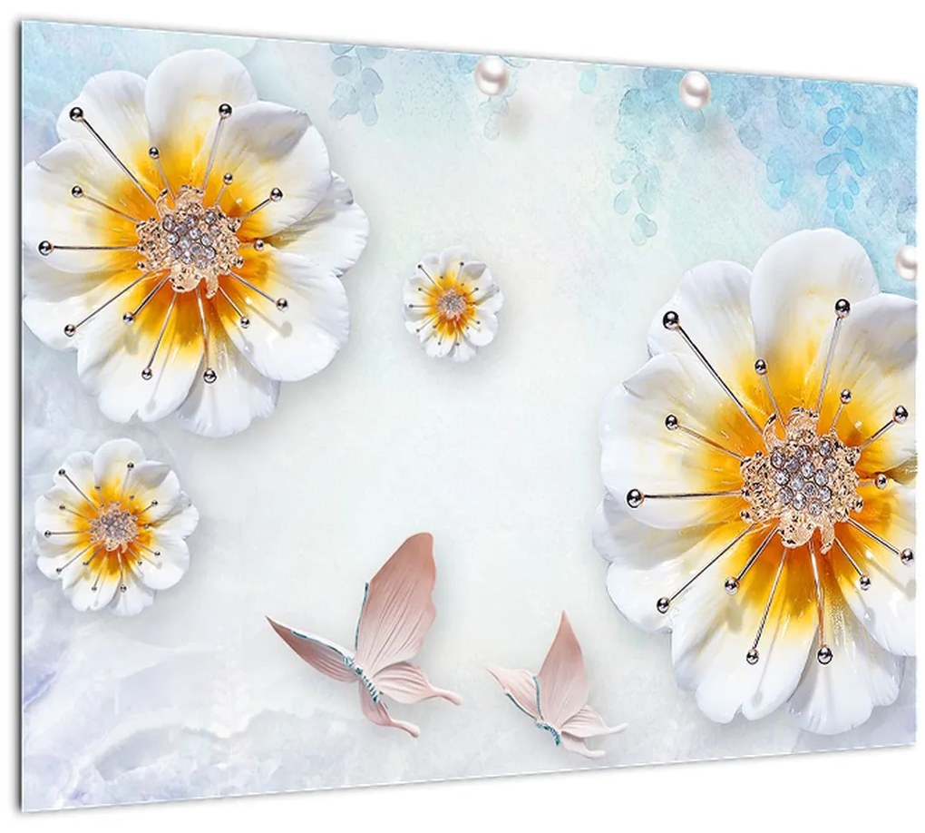 Obraz - Kompozice s květy a motýly (70x50 cm)