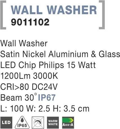 NV 9011102 WALL WASHER nikl satén hliník a sklo LED Chip Philips 15W 3000K DC24V 30st. IP67 - NOVA LUCE