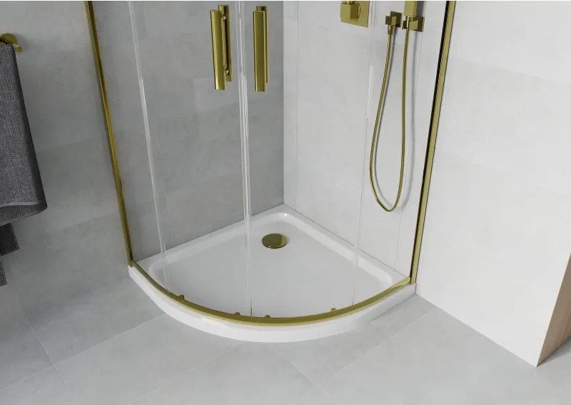 Mexen Rio, čtvrtkruhový sprchový kout s posuvnými dveřmi 90 (dveře) x 90 (dveře) x 190 cm, 5mm čiré sklo, zlatý profil + bílá sprchová vanička SLIM, 863-090-090-50-00-4110G
