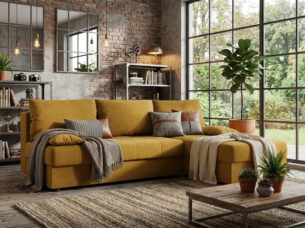 Rozkládací oboustranná sedací souprava do L VENORIA SLIM 200x143 cm, hořčicová + 2 polštářky ZDARMA