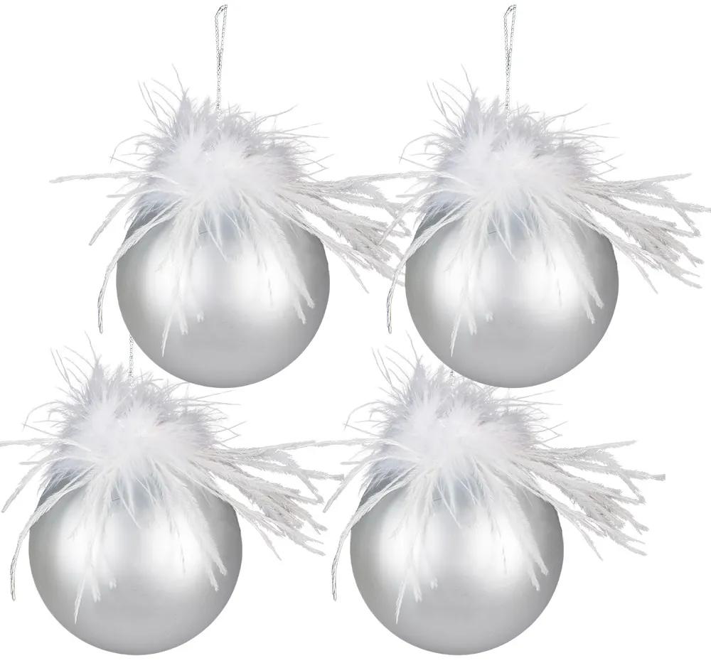 4ks stříbrná vánoční ozdoba koule s peříčky  - Ø 10 cm
