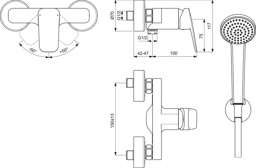 Ideal Standard Ceraplan - Sprchová baterie nástěnná se sprchovým setem, chrom BD251AA