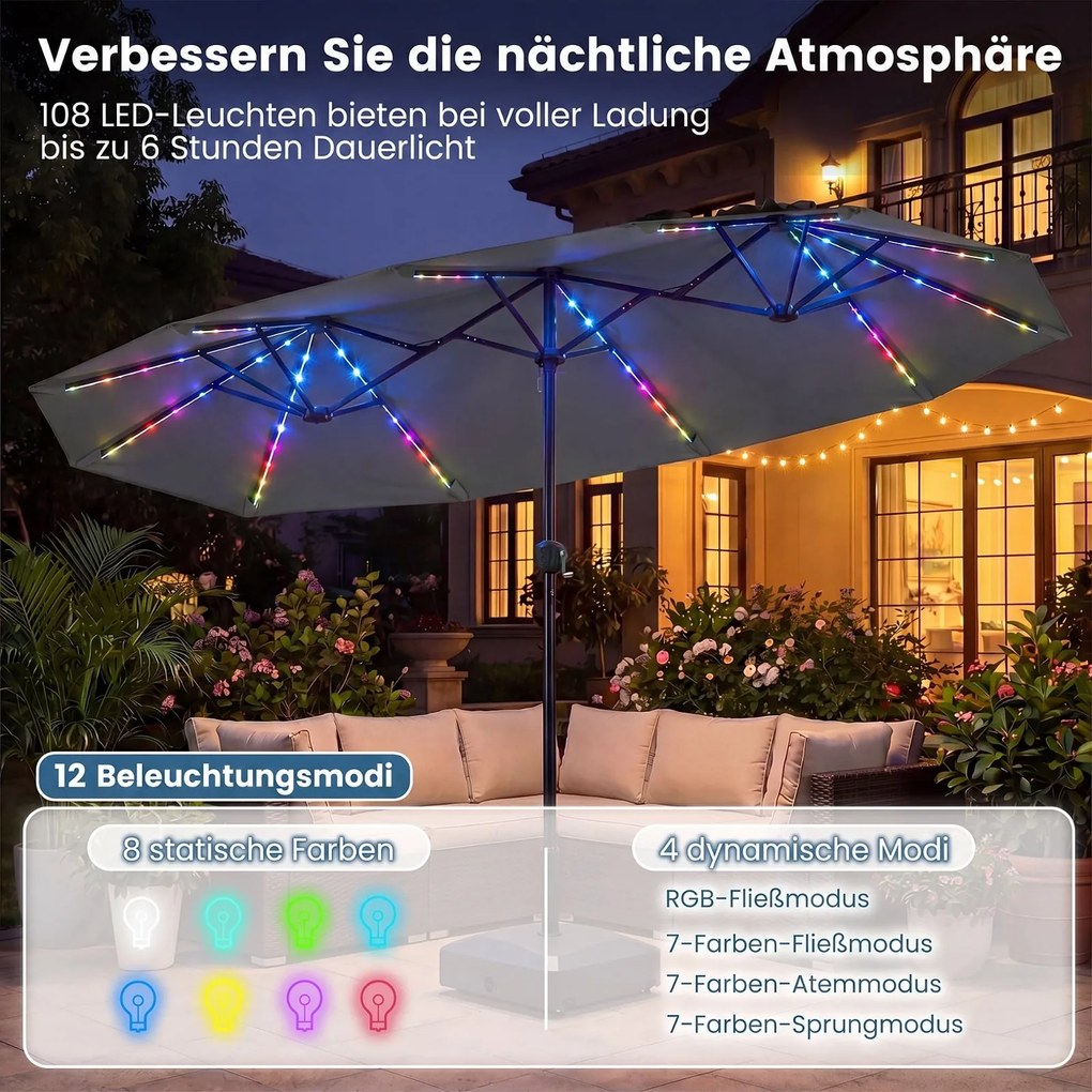 Costway Dvojitý slunečník s LED osvětlením Obdélníkový – 400 × 210 cm, šedá
