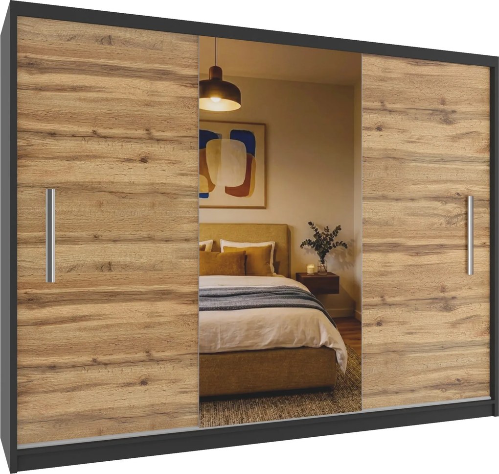 Šatní skříň s posuvnými dveřmi 232 cm se zrcadlem dubová dub wotan  MES PRIMO SZP4/2/1B/2DW1L/0/AL