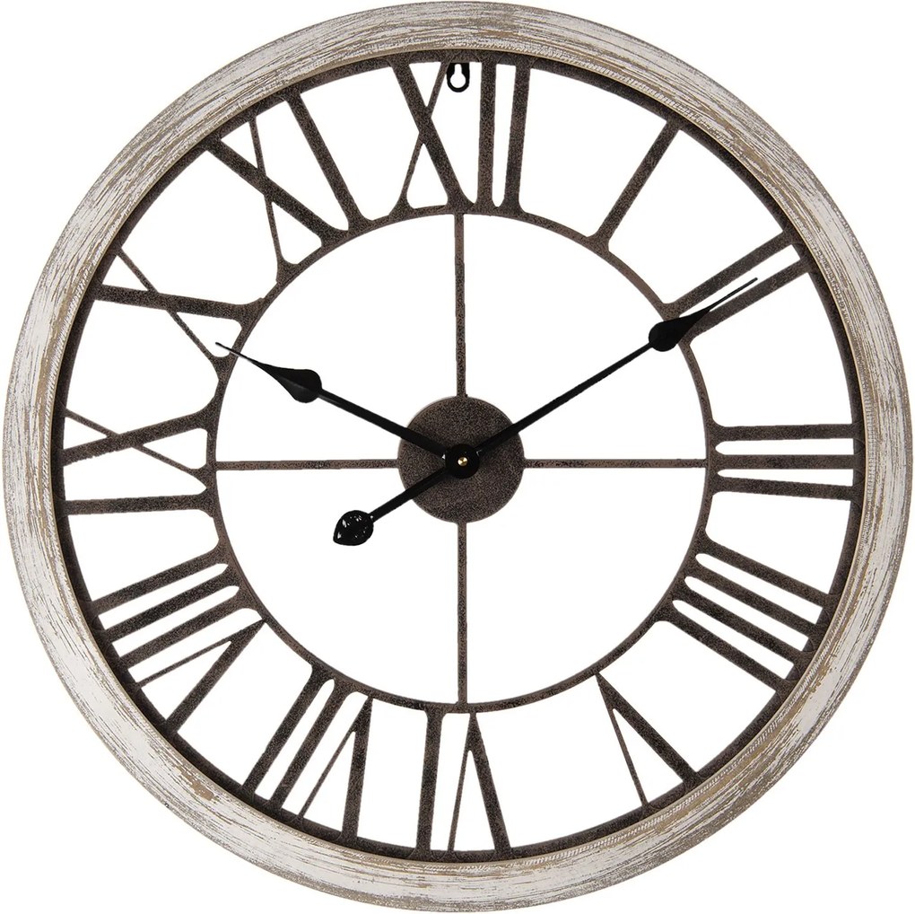 Nástěnné hodiny s římskými číslicemi a dřevěným rámem s patinou – Ø 60*7 cm / 1*AA