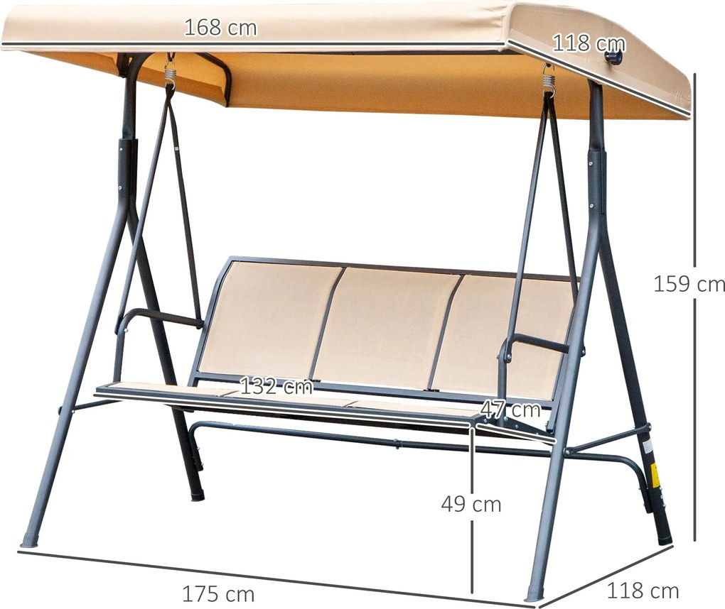 Outsunny Zahradní houpačka pro 3 osoby s vynikajícím pohodlím, nastavitelné sklon střechy, ergonomická ocel, epoxidový textilene, béžová | Aosom