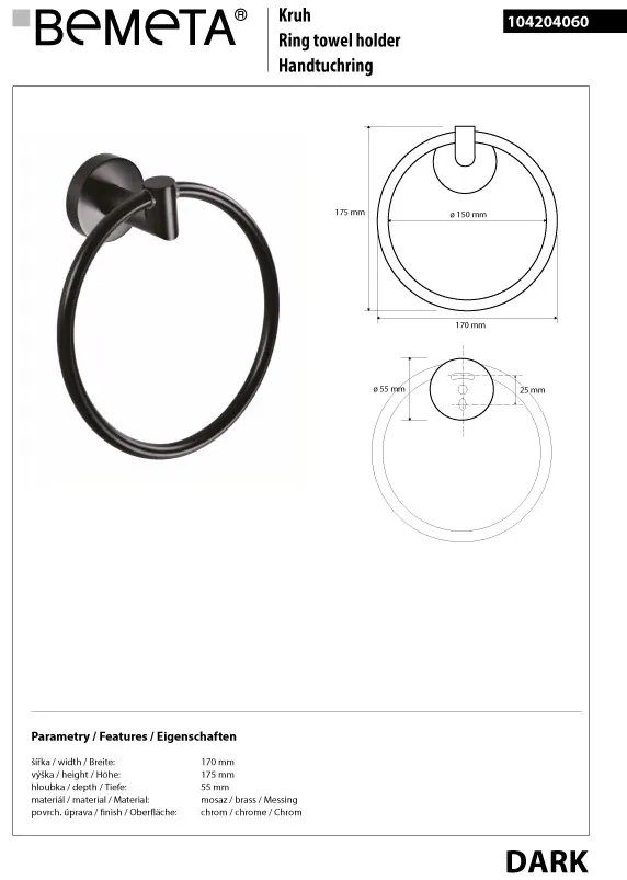 Bemeta Design DARK: Držák ručníků, kruhový - 104204060
